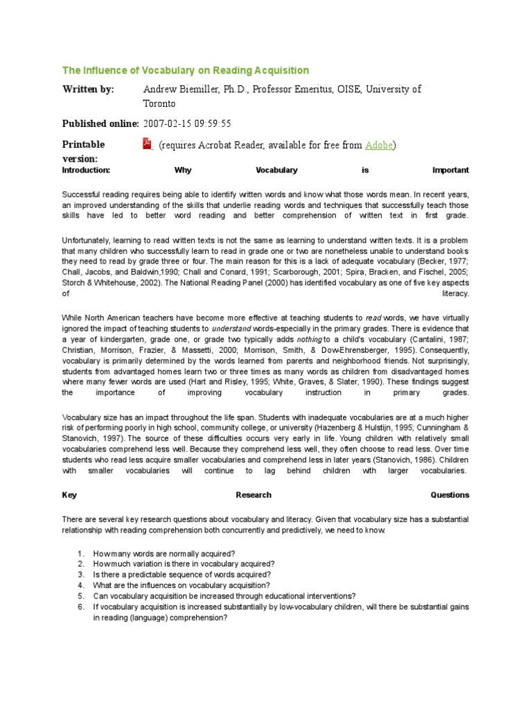 Vocabulary's Role in Reading Success | PDF | Vocabulary | Reading ...