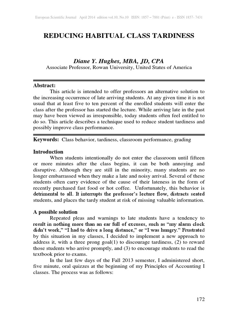 Reducing Habitual Class Tardiness: Diane Y. Hughes, MBA, JD, CPA | PDF ...