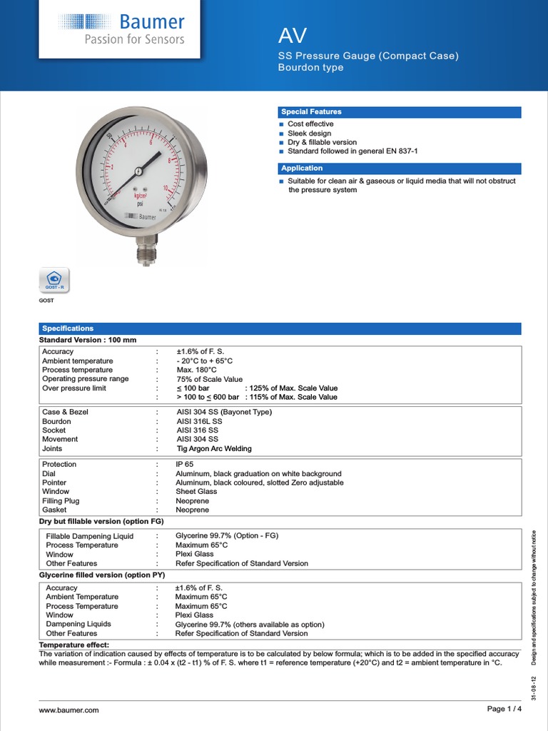SS Pressure Gauge (Compact Case) Bourdon Type: Special Features | PDF ...
