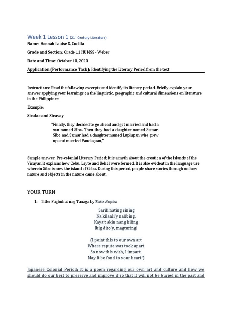 Week 1 Lesson 1 Application Identifying Literary Periods | PDF