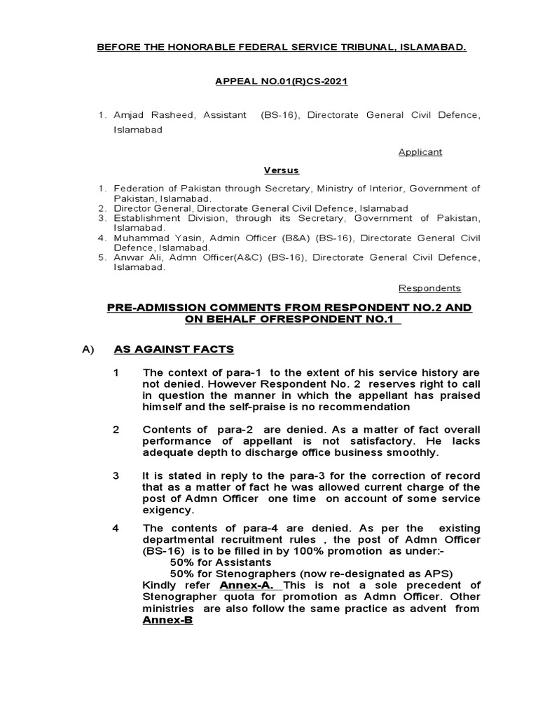 Parawise Comments on Appeal No.01(R)CS-2021 | PDF | Appeal | Courts