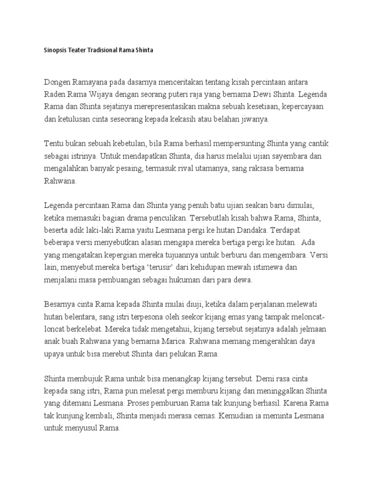 Kisah Cinta yang Diuji: Sinopsis Teater Tradisional Rama Shinta | PDF