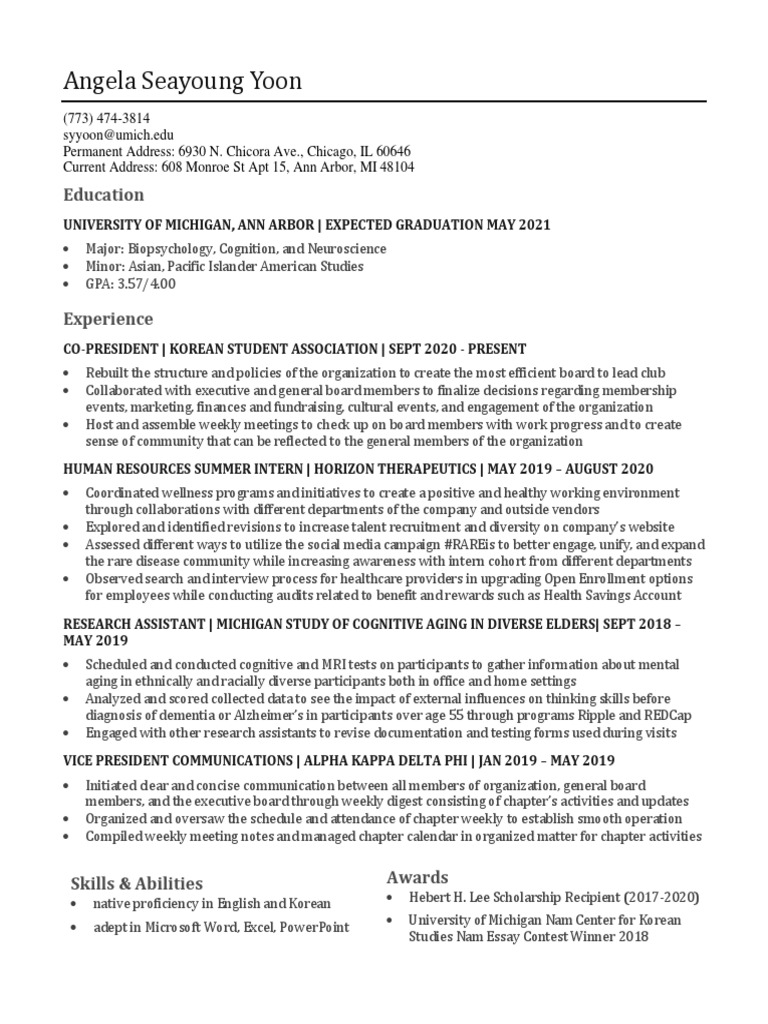 Angela Yoon Resume Updated | PDF | Cognition | Human Nature