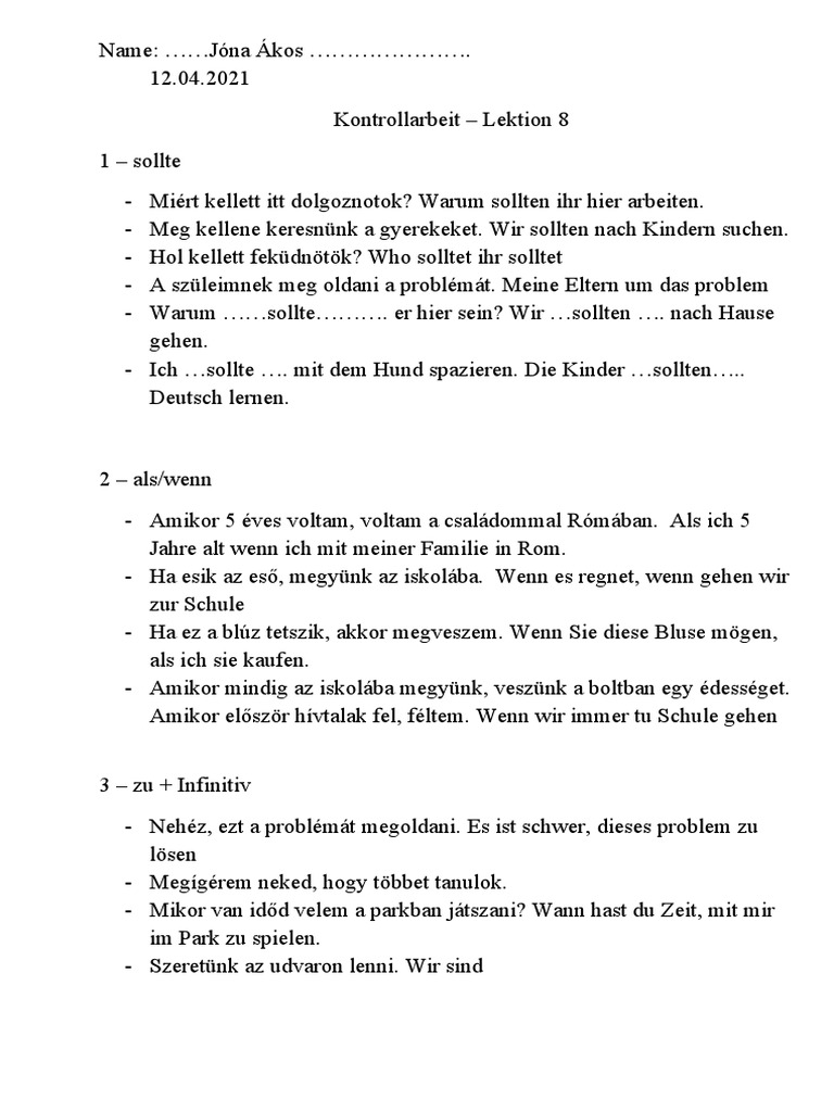 Kontrollarbeit - Lektion 8 | PDF