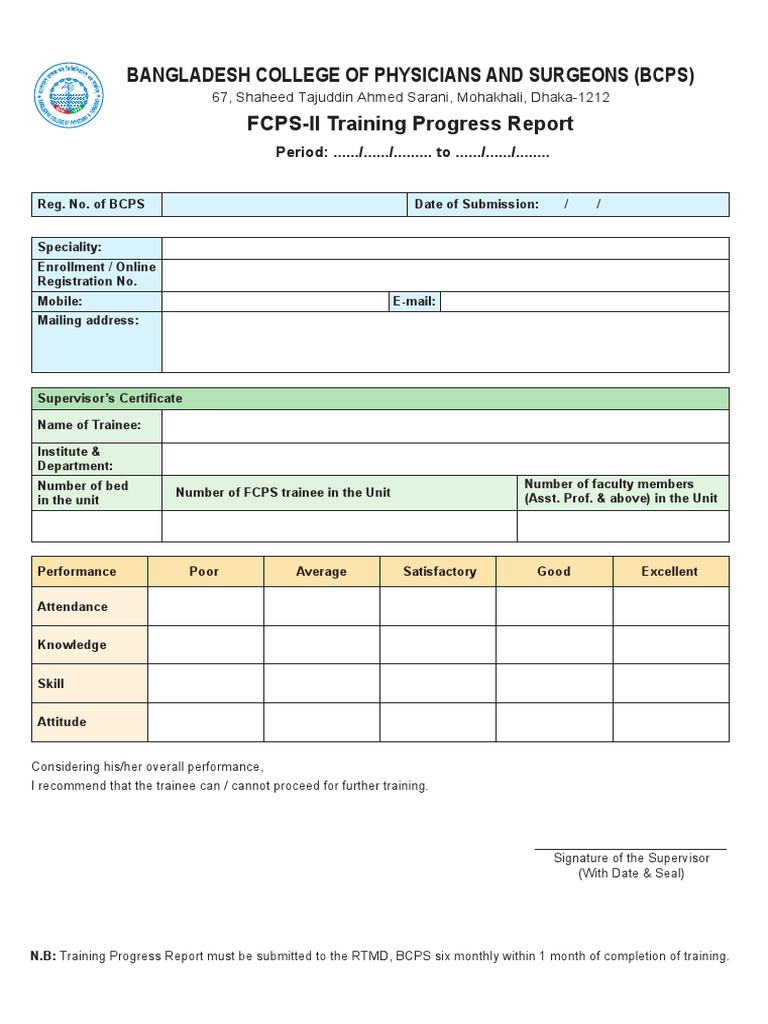 Bangladesh College of Physicians and Surgeons (BCPS) FCPS-II Training Progress Report | PDF