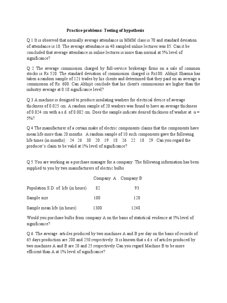 Practice Problems Testing of Hypothesis | PDF | Standard Deviation ...