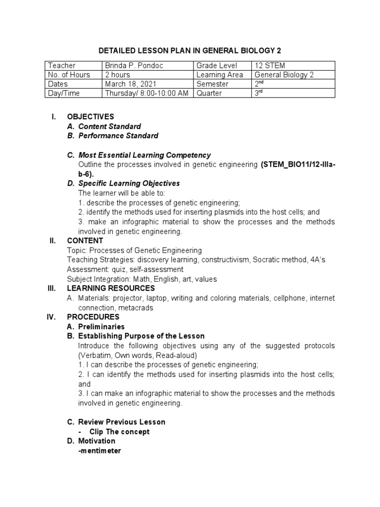 Detailed Lesson Plan in General Biology 2 | PDF