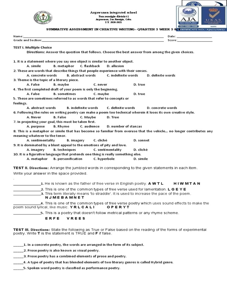Summative Assessment in Creative Writing: Tests on Poetry Concepts ...