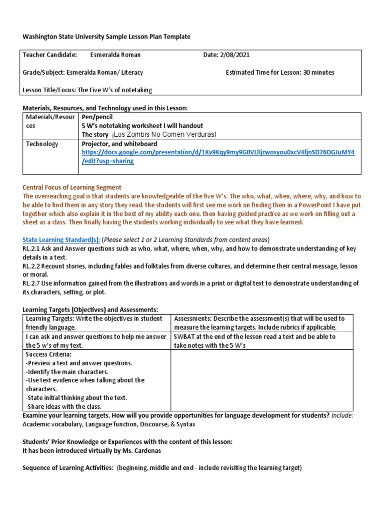 Literacy Lesson: The 5 W's | PDF | Lesson Plan | Question