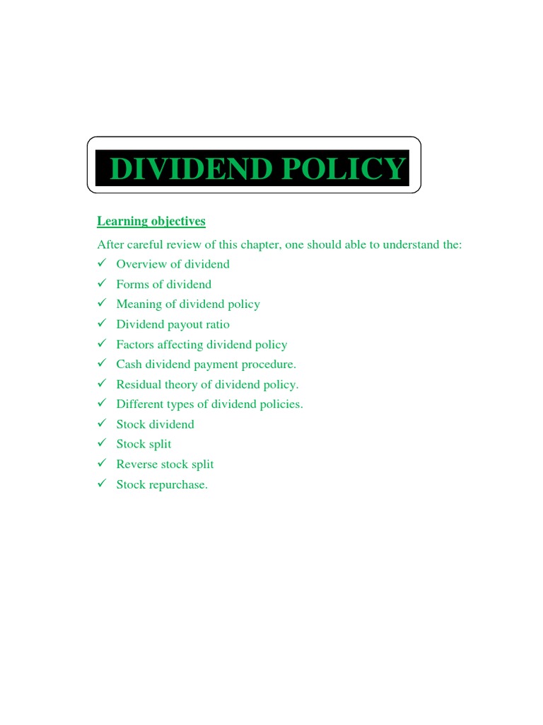 Dividend Policy Learning Objectives Pdf Share Repurchase Dividend