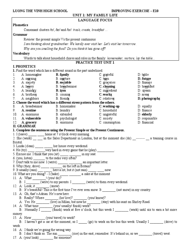 Unit 1: My Family Life Language Focus Phonetics | PDF | Family | Living ...