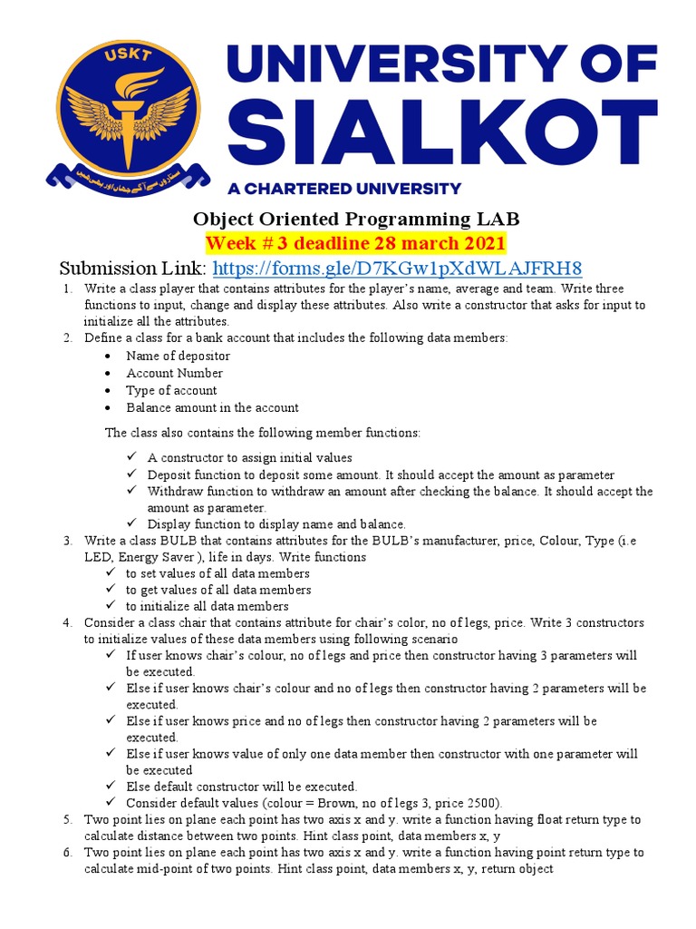 Object Oriented Programming LAB: Week # 3 Deadline 28 March 2021 | PDF | Constructor (Object ...