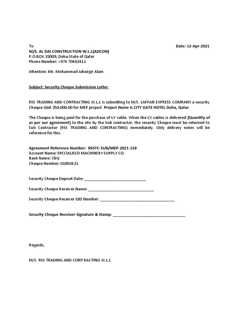 Security Cheque Submission Letter | PDF