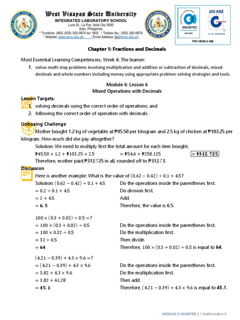 Module 6, Math 6, Week 6, Q1 | PDF | Multiplication | Arithmetic