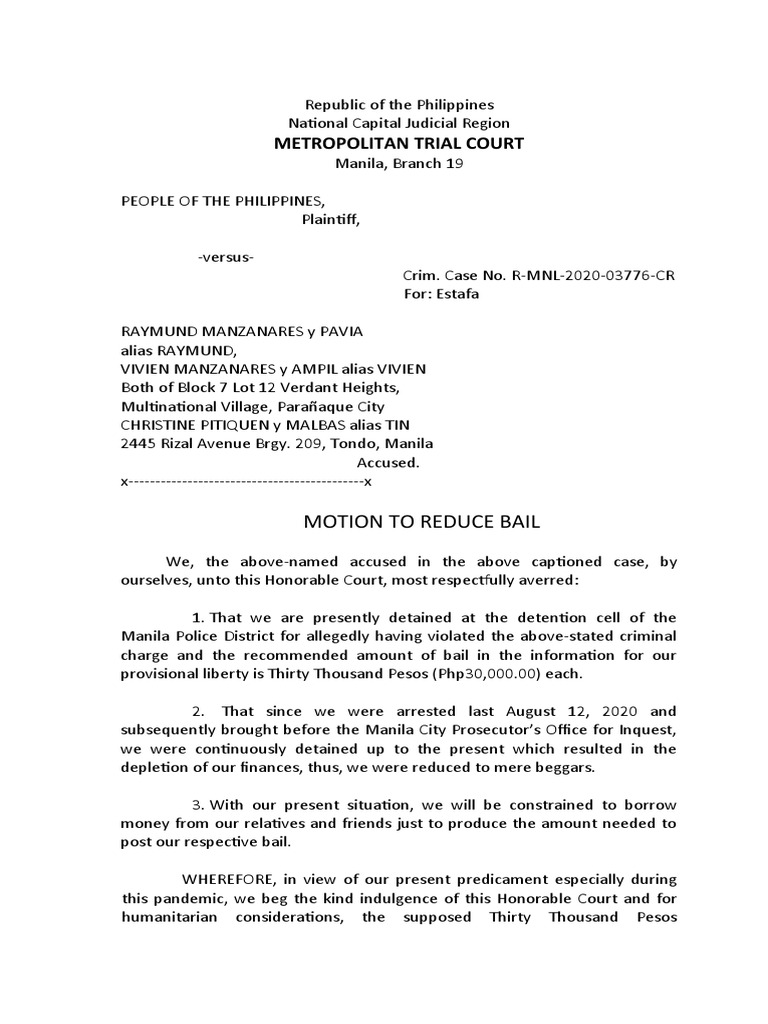 Motion To Reduce Bail Branch 19 | PDF | Bail | Manila