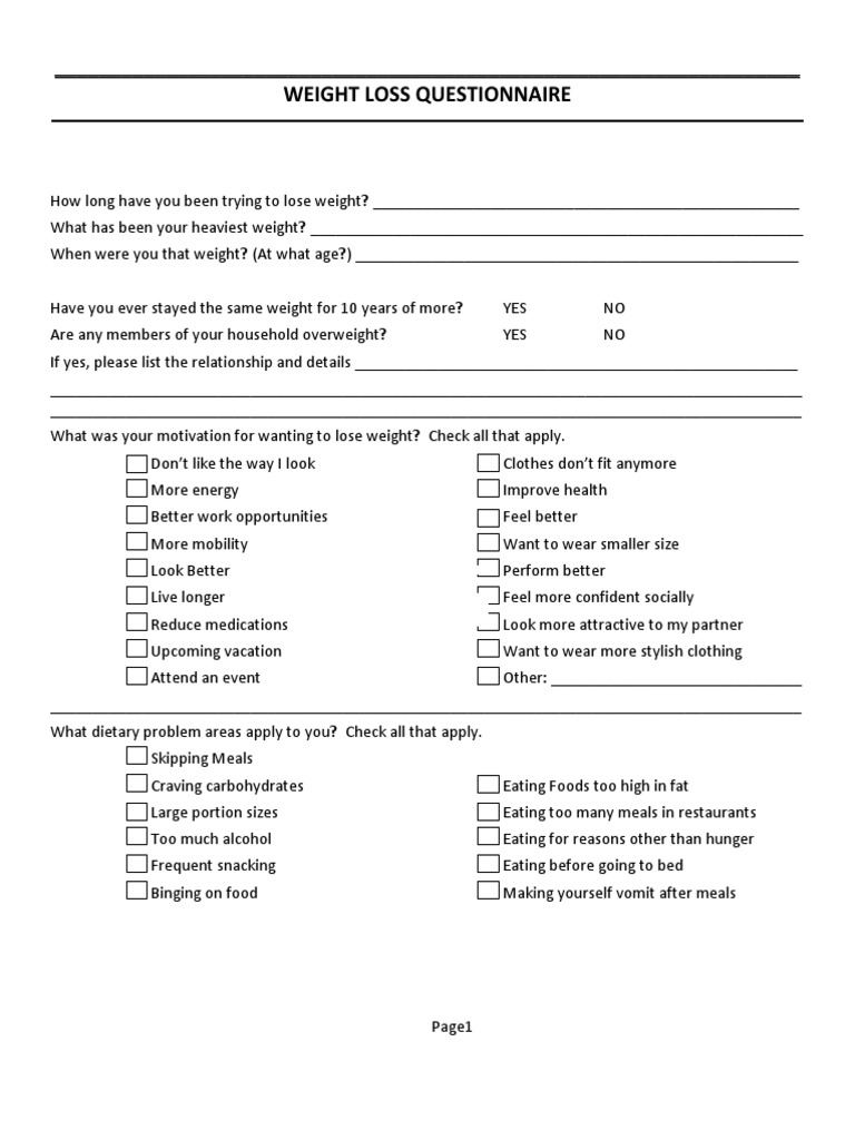 Weight Loss Questionnaire Form | PDF | Dieting | Weight Loss
