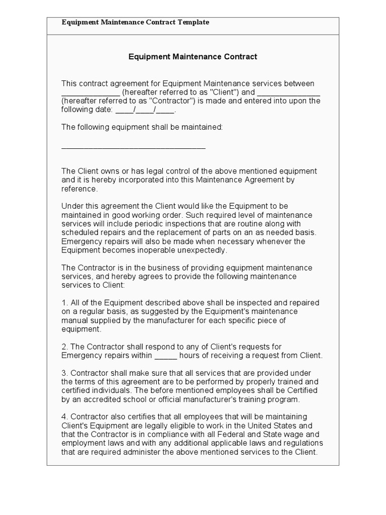 Equipment Maintenance Contract Template | Download Free PDF ...