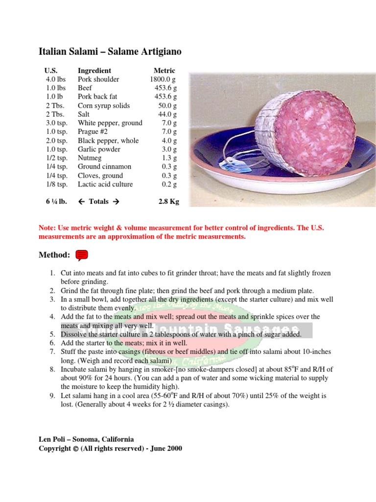 Italian Salami - Salame Artigiano: U.S. Ingredient Metric | PDF