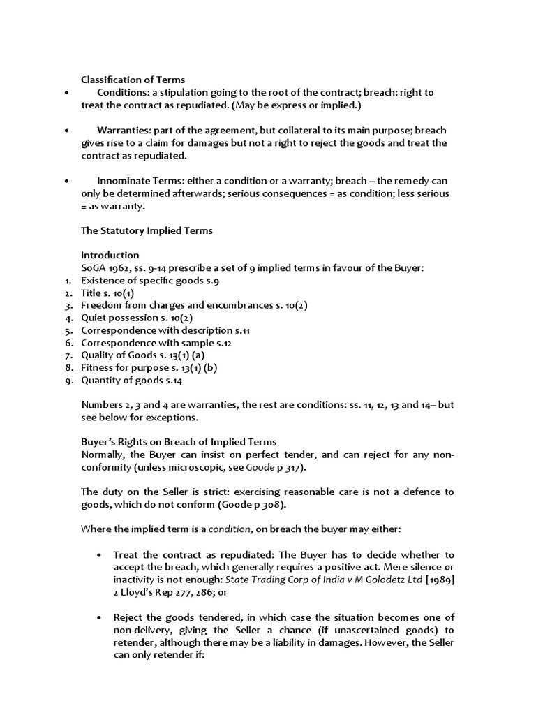 Implied Terms Notes Pdf Contractual Term Breach Of Contract