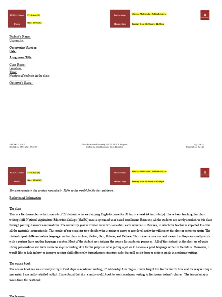 Writing Skill Lesson Plan | PDF | English As A Second Or Foreign ...