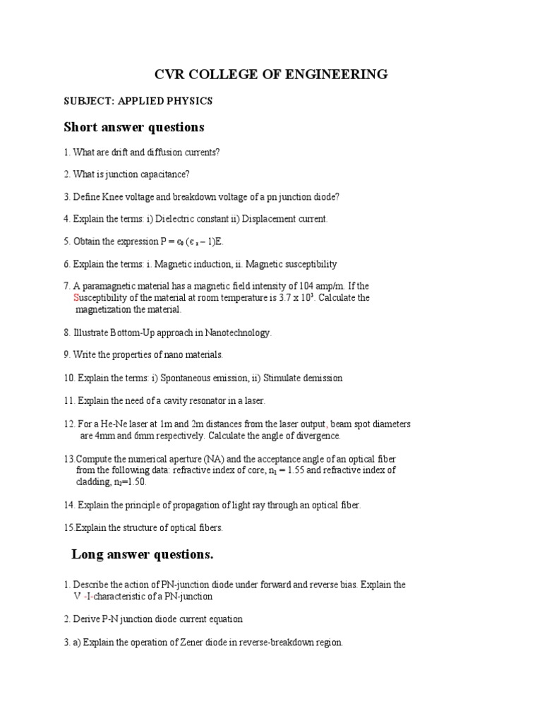 CVR College of Engineering: Subject: Applied Physics | PDF | P–N ...