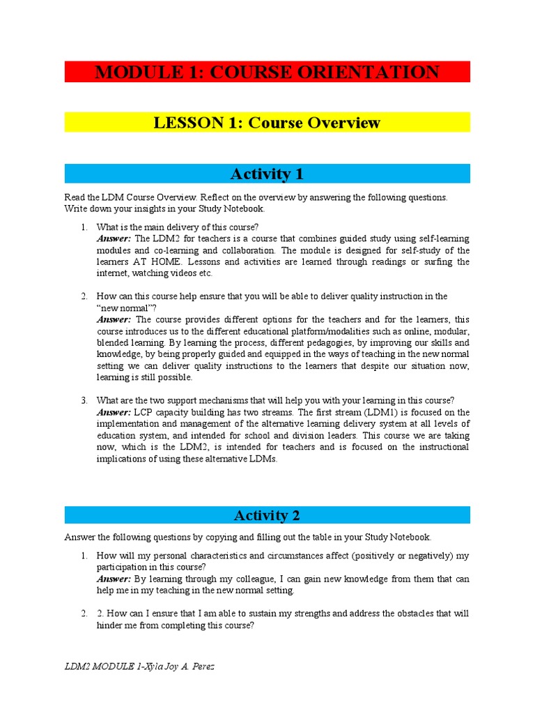 Module 1: Course Orientation: LESSON 1: Course Overview Activity 1 ...