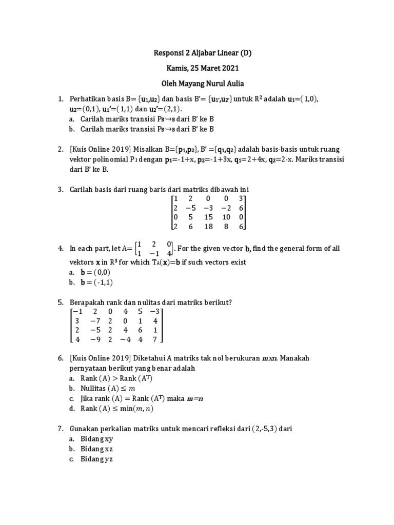 Soal Responsi 2 Aljabar Linear (D) | PDF