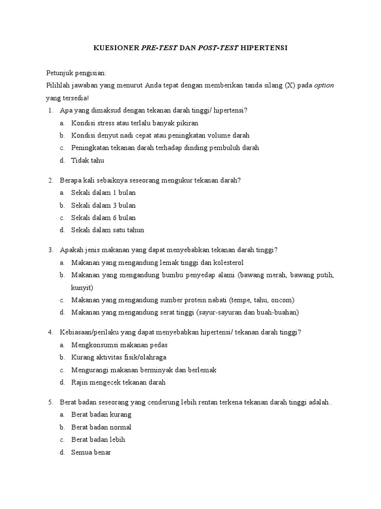 Kuesioner Hipertensi: Pre-Test & Post-Test | PDF | Memasak, Makanan ...