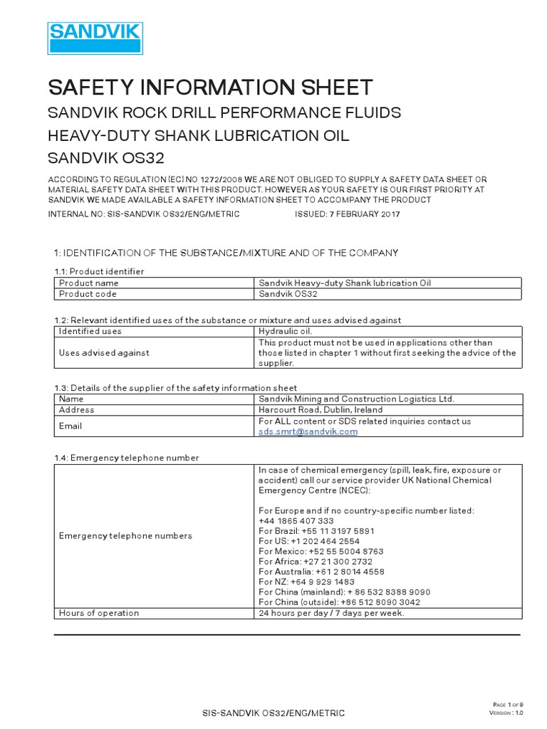 Safety Information Sheet: Sandvik Rock Drill Performance Fluids Heavy ...