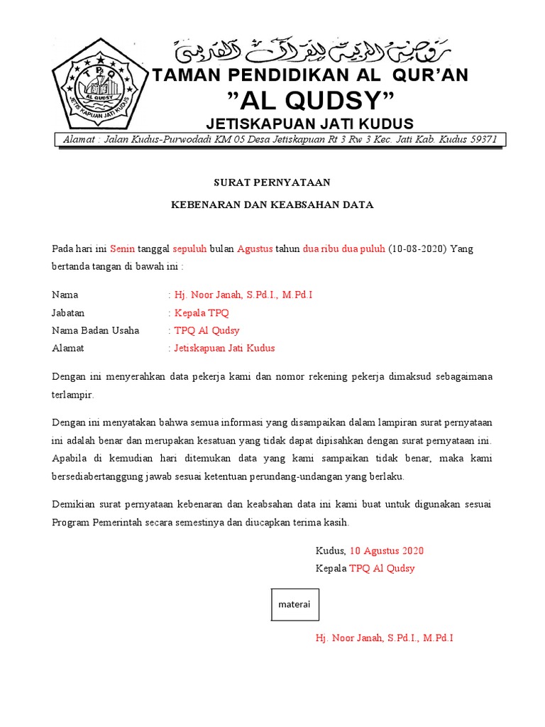 SURAT PERNYATAAN TPQ AL QUDSY-dikonversi | PDF