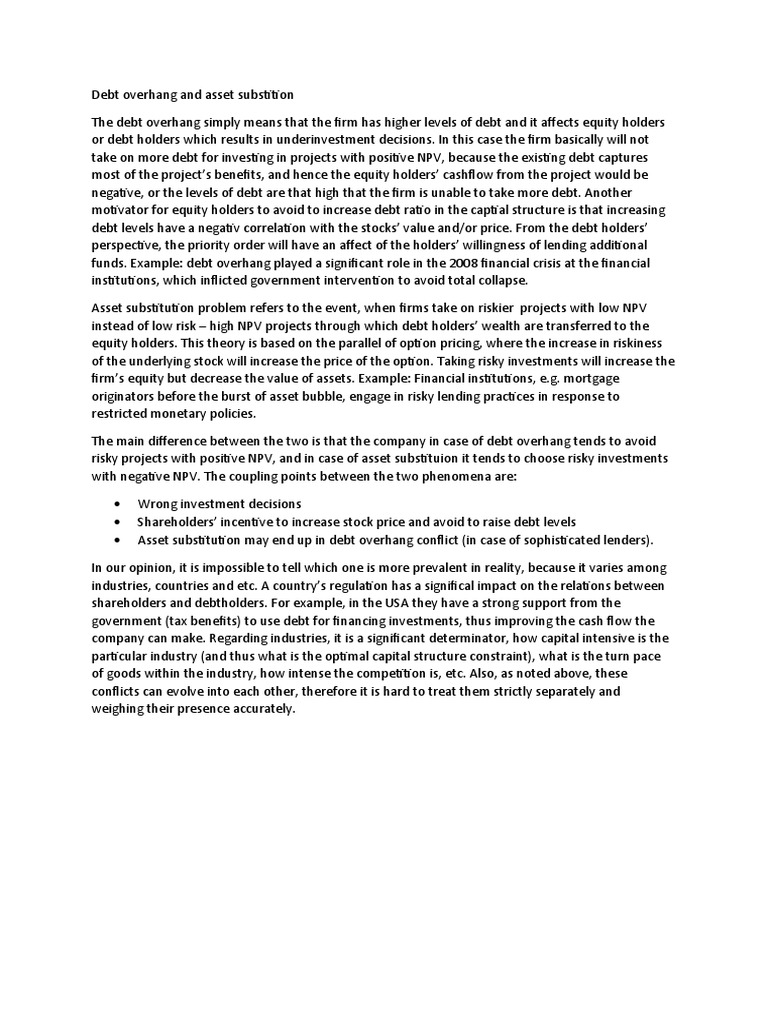 Debt Overhang and Asset Substition | PDF | Debt | Capital Structure