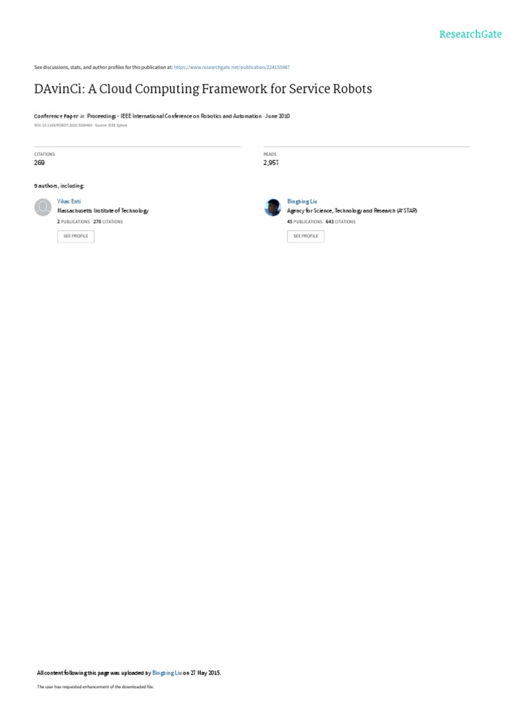DAvinCi A Cloud Computing Framework For Service Robots | PDF | Apache Hadoop | Map Reduce