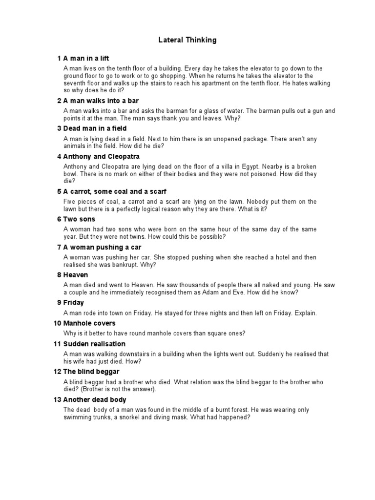 Lateral Thinking Situation Puzzles | PDF | Mystery, Thriller & Crime ...
