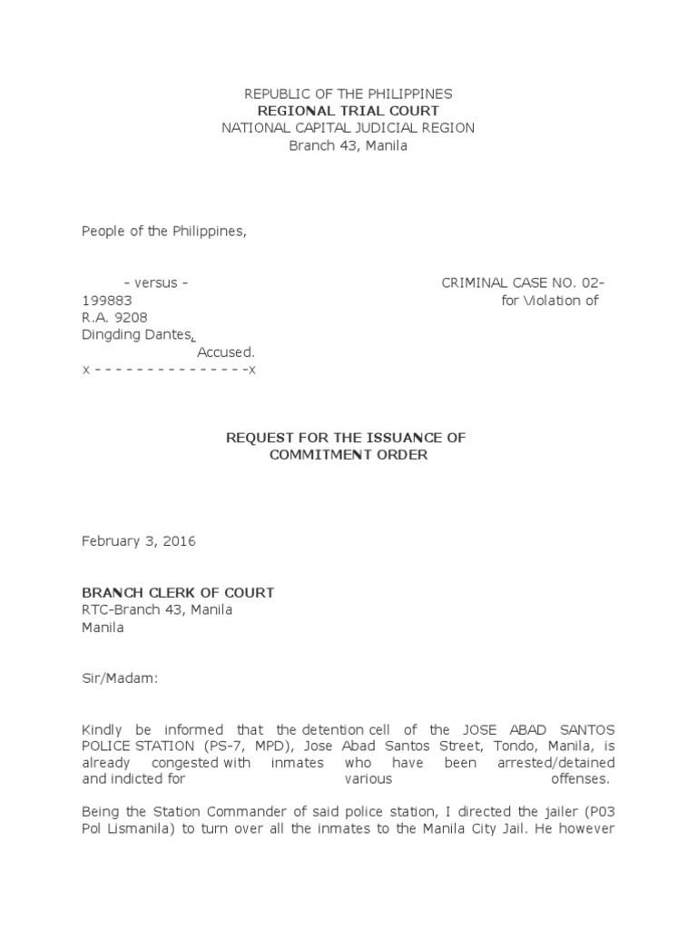 Sample Request For Issuance Of Commitment Order Pdf