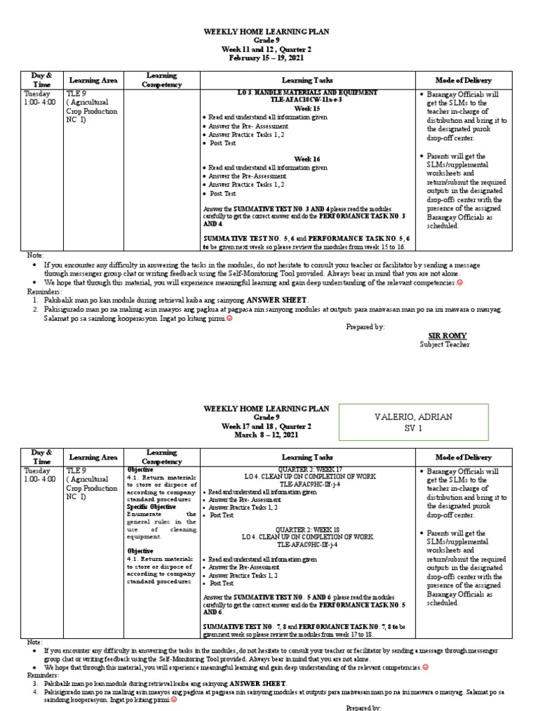 Weekly Home Learning Pla1 | PDF | Teaching | Learning