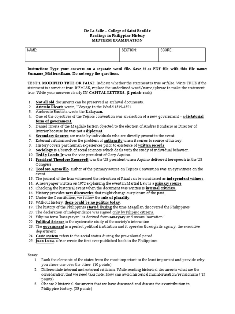 Midterm Exam: Readings in Philippine History | PDF | Primary Sources ...