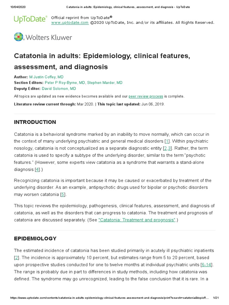 Catatonia in Adults - Epidemiology, Clinical Features, Assessment, and ...