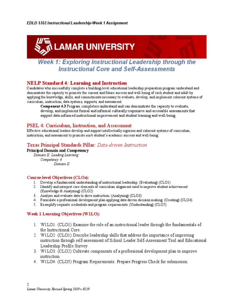 EDLD 5352 Week 1 Instructional Core and Self Assessment Assignment | PDF | Educational ...