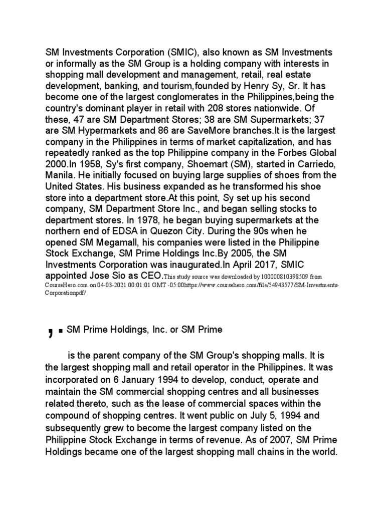 SM Investments Corporation | PDF | Business | Investing