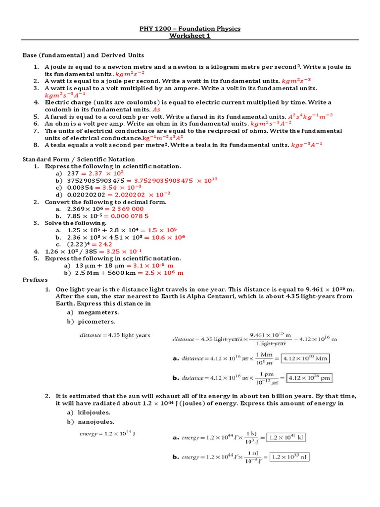 PHY 1200 Worksheet 1 Solutions | PDF | Volt | Physics
