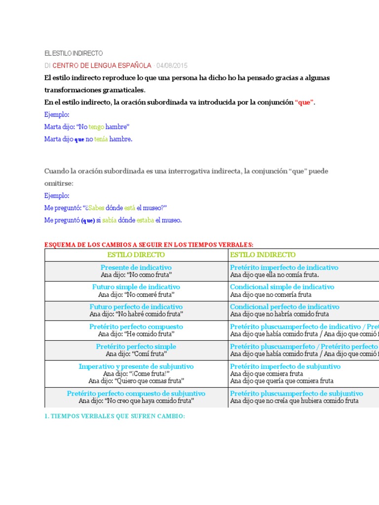 El Estilo Indirecto | PDF | Gramática | Mecánica del lenguaje