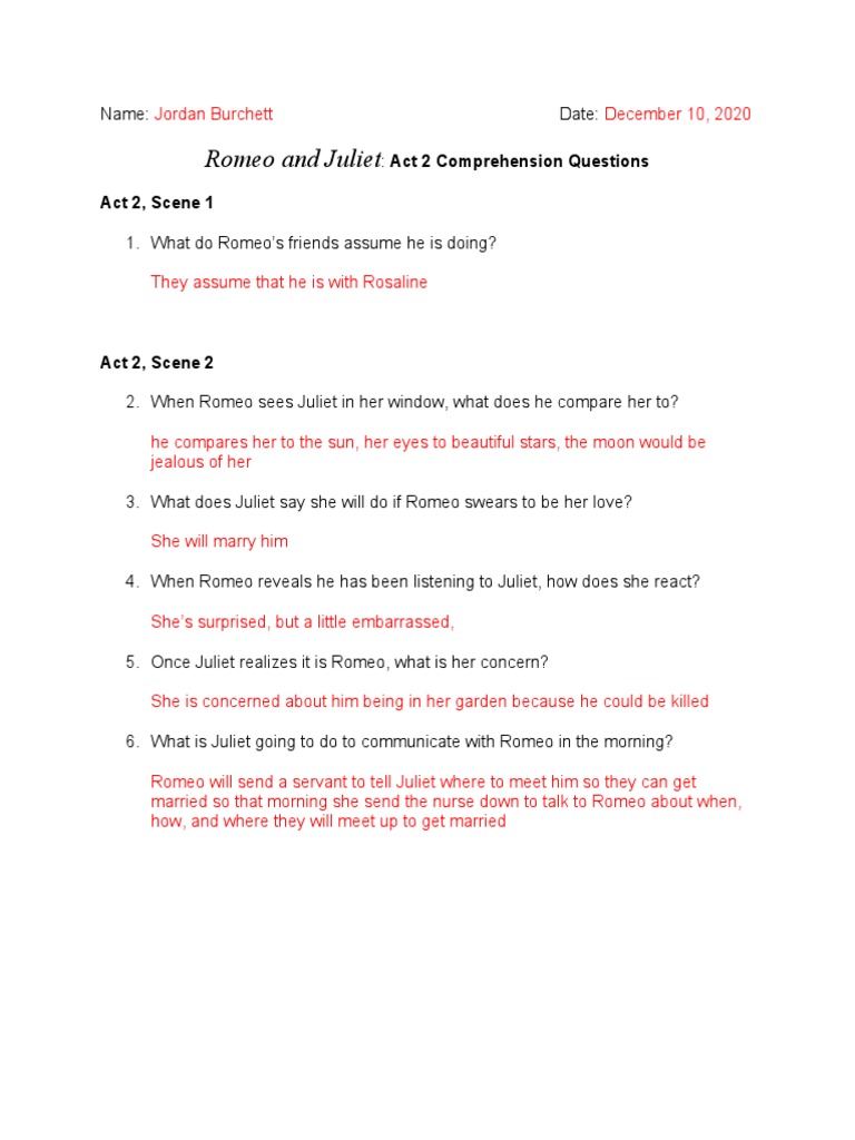 Act 2 Comprehension Questions | PDF | Romeo And Juliet