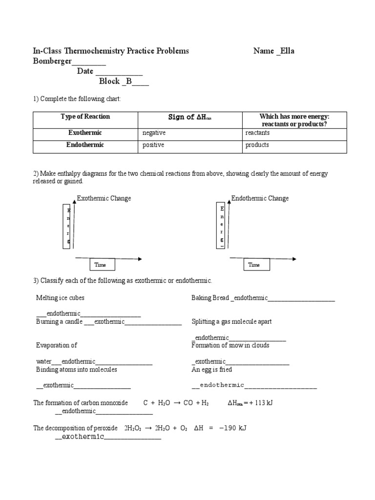 In-Class Thermochemistry Practice Problems Name - Ella Bomberger - Date ...