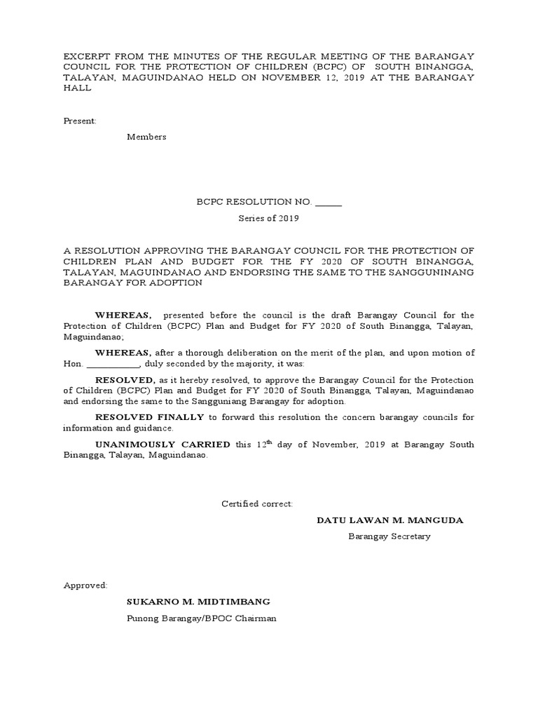 BCPC Reso. Approving BCPC Plan and Budget | PDF