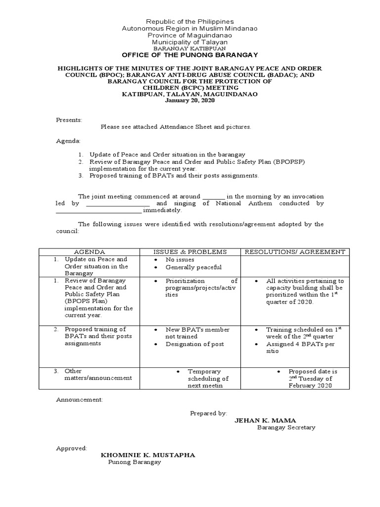 Minutes of Barangay Assembly (Katibpuan) | PDF | International ...