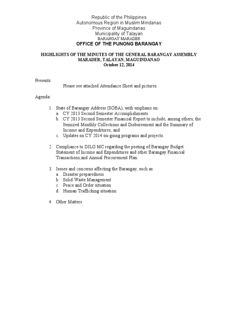 Summary of the General Barangay Assembly Meeting in Marader, Talayan ...