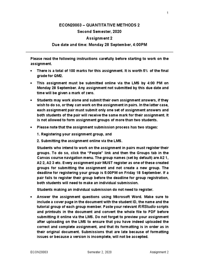 Econ20003 Quantitative Methods 2 Second Semester 2020 Assignment 2 Due Date And Time Monday