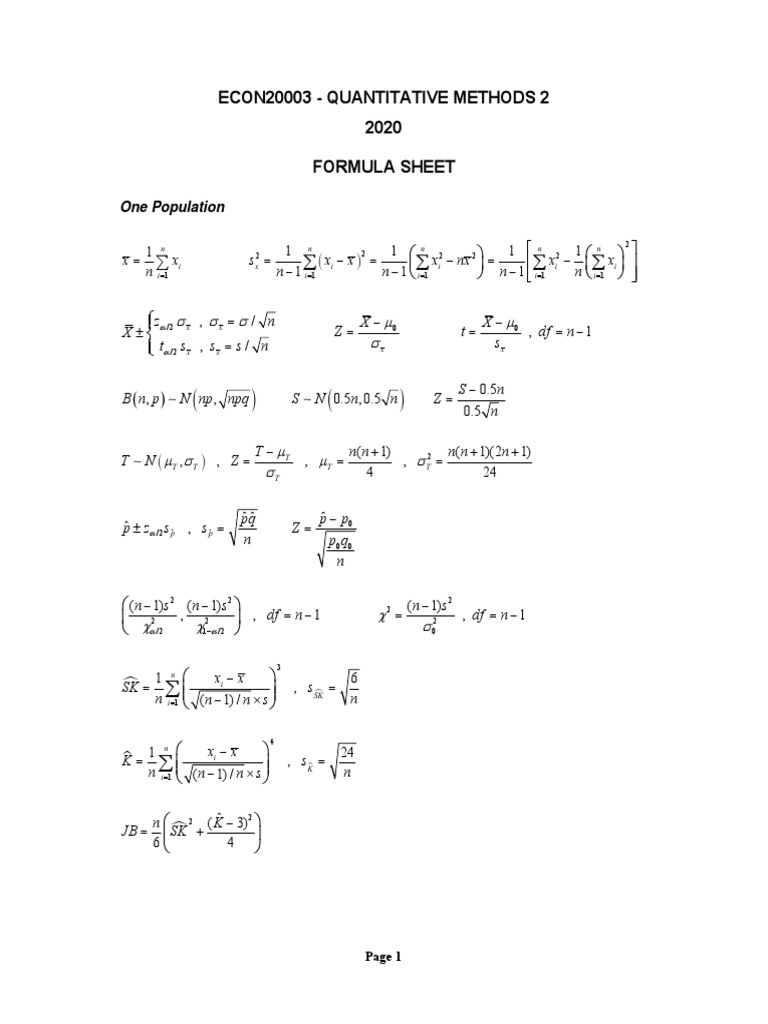 Econ20003 - Quantitative Methods 2 2020 Formula Sheet: One Population | PDF | Estimation Theory ...