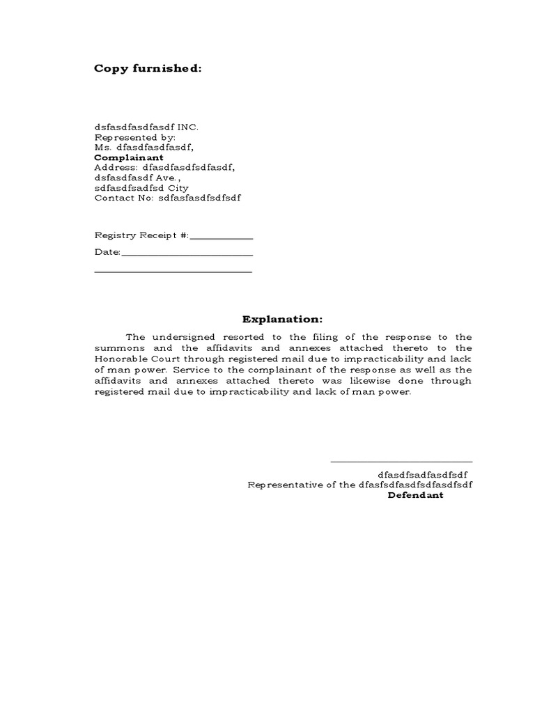 Sample Copy Furnished