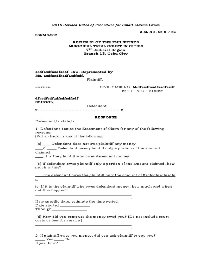 Sample Response To Small Claims | PDF | Lawsuit | Separation Of Powers